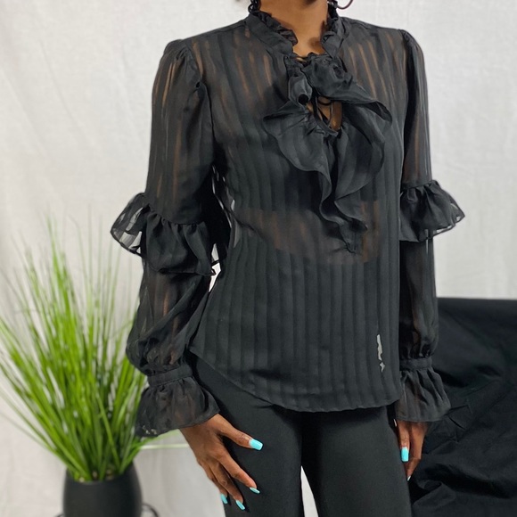 Tops | Black Sheer Ruffle Top | Poshmark